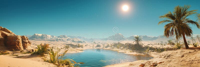 Desert Landscapes with Oasis and Bright Sun Stock Photo - Image of ...