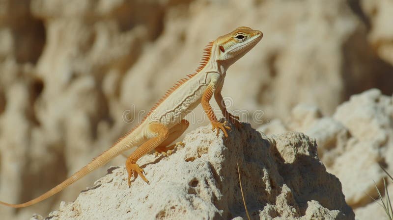 Desert Lizard Posing on Sunlit Rock with Sandy Background Stock Photo ...
