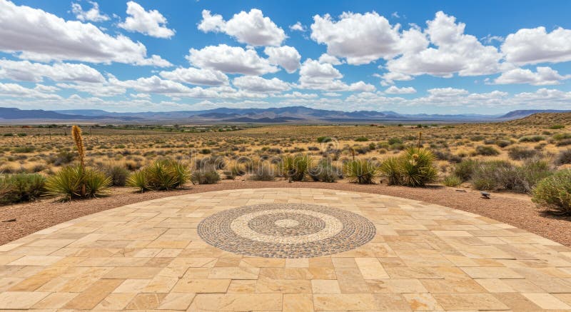 Desert Meditation Circle Under a Vast Sky with Fluffy Clouds Stock ...