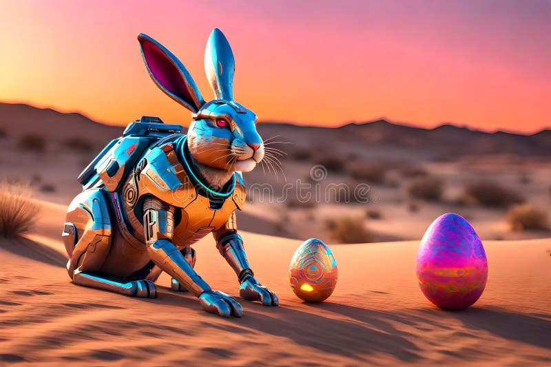Desert Mirage: Neon Cyber-Tech Easter Bunny in Metallic 3D Rendered ...