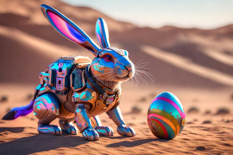 Desert Mirage: Neon Cyber-Tech Easter Bunny in Metallic 3D Rendered ...