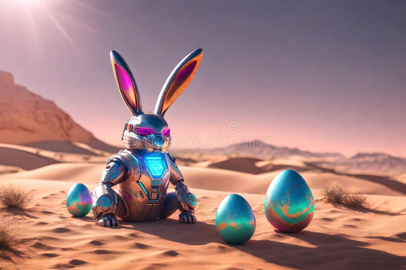 Desert Mirage: Neon Cyber-Tech Easter Bunny in Metallic 3D Rendered ...
