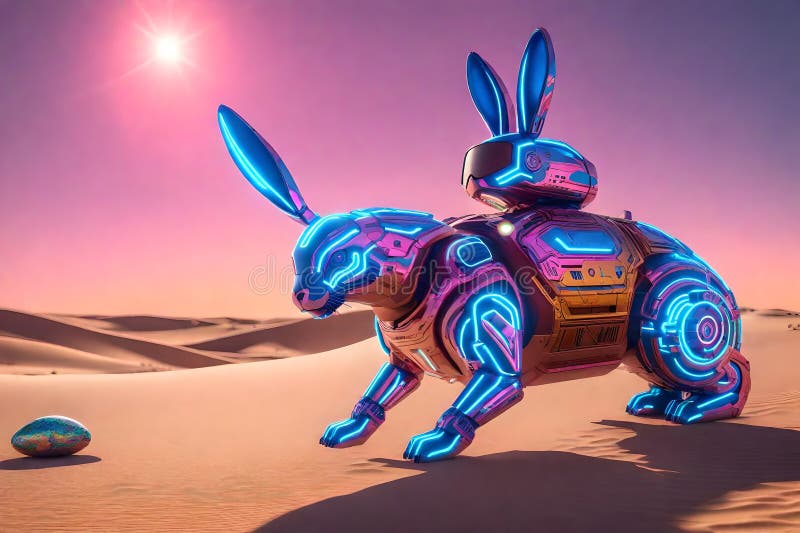 Desert Mirage: Neon Cyber-Tech Easter Bunny in Metallic 3D Rendered ...