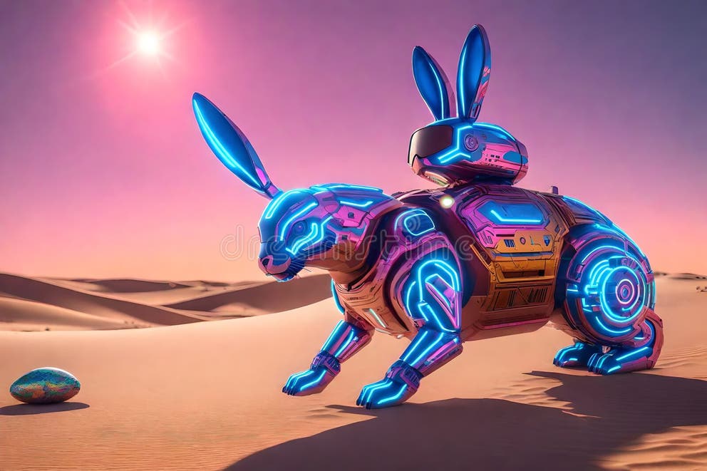 Desert Mirage: Neon Cyber-Tech Easter Bunny in Metallic 3D Rendered ...