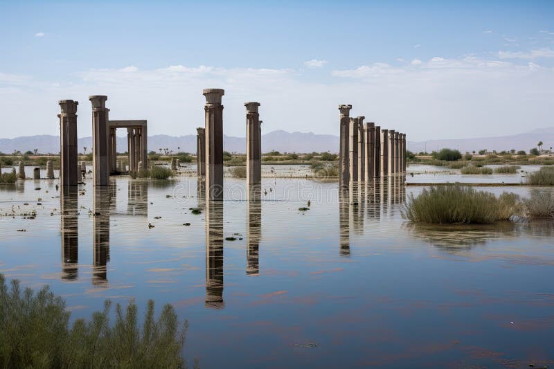 Desert Mirage, with Towering Columns of Water in the Distance Stock ...