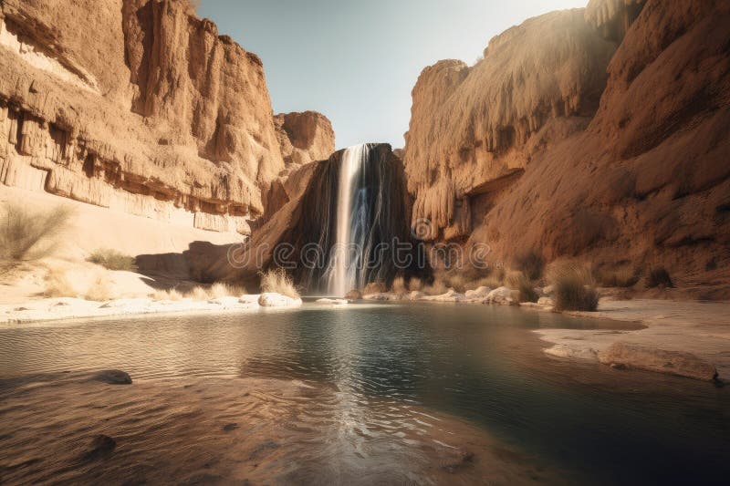 Desert Mirage of Towering Waterfall in the Middle of the Desert Stock ...