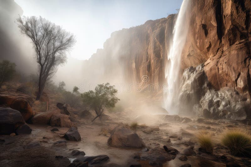 Desert Mirage of Towering Waterfall, with Mist and Spray Visible Stock ...