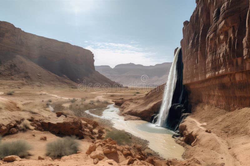 Desert Mirage of Towering Waterfall, Surrounded by Arid Desert ...