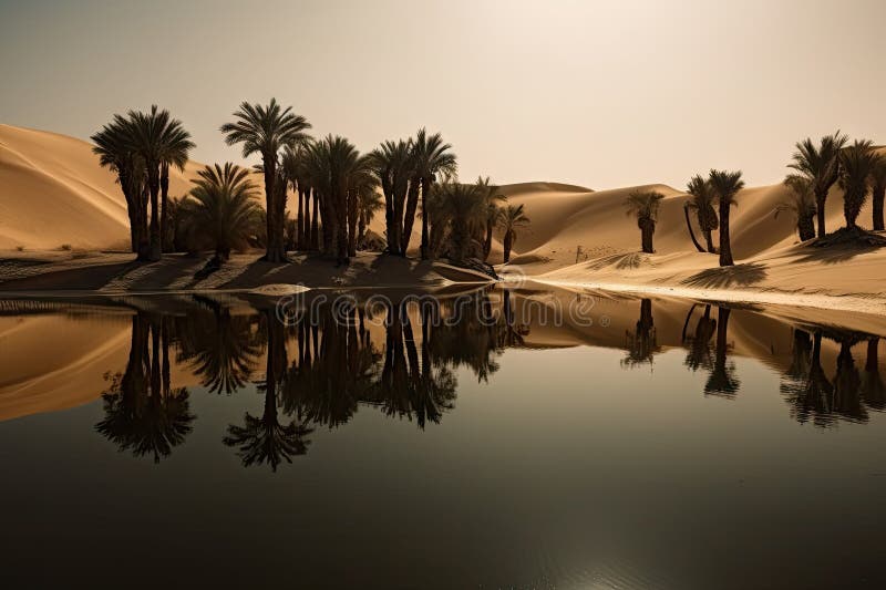 Desert Mirage of Water Reflection and Palm Trees, with Reality Being ...
