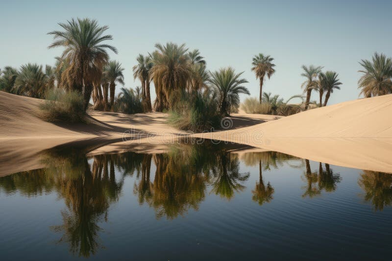 Desert Mirage of Water Reflection and Palm Trees, with Reality Being ...