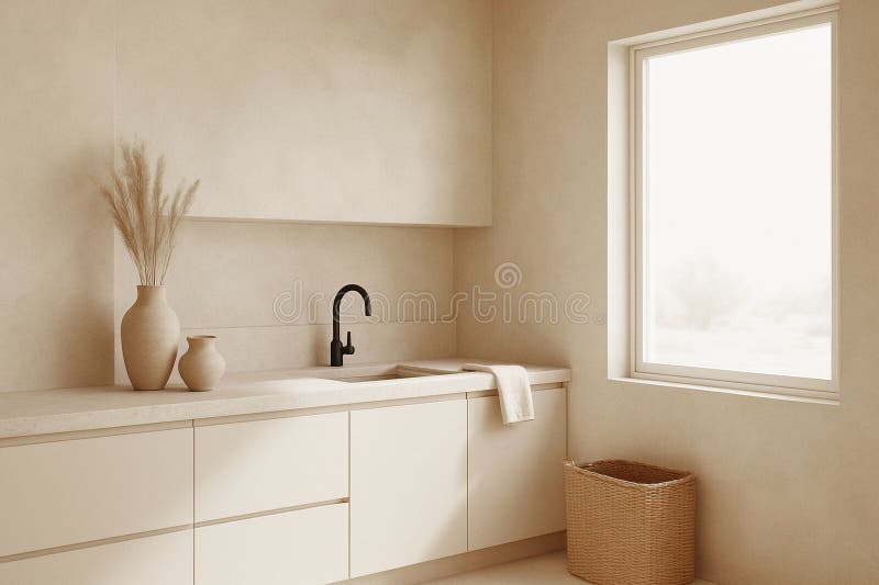 Desert Modern Kitchen with Stone Textures and Warm Light Stock ...