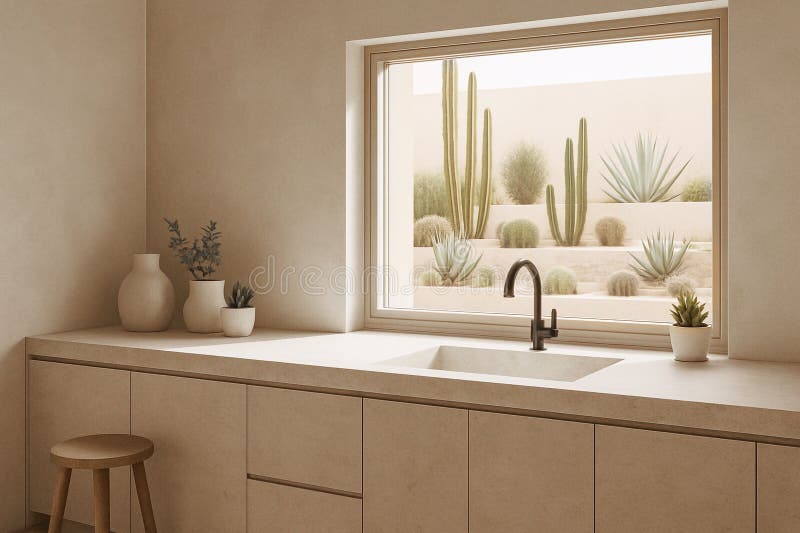 Desert Modern Kitchen with Travertine Surfaces and Cactus Garden View ...