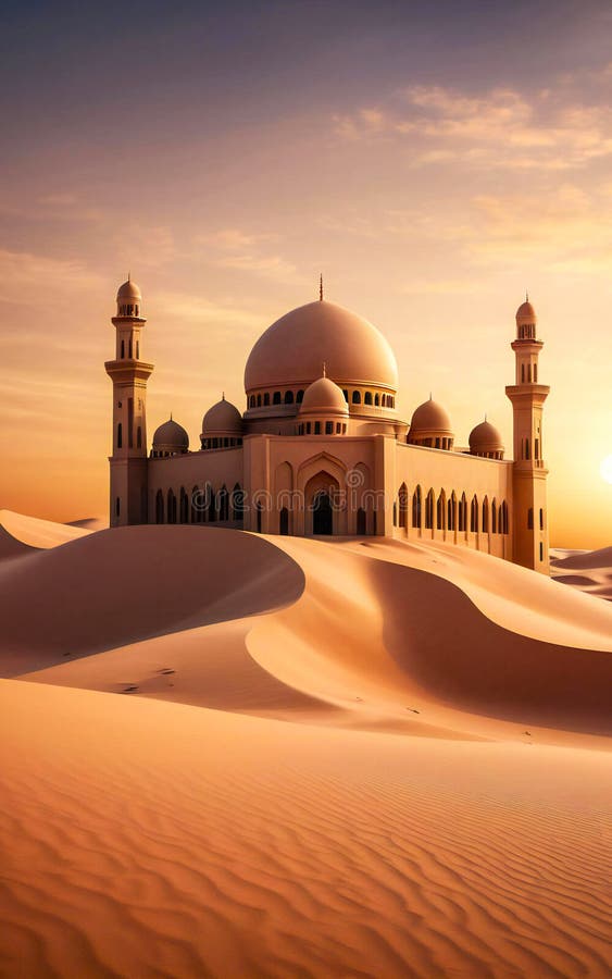 Desert Mosque with a Large Dome Surrounded by Sand Dunes and Gradient ...
