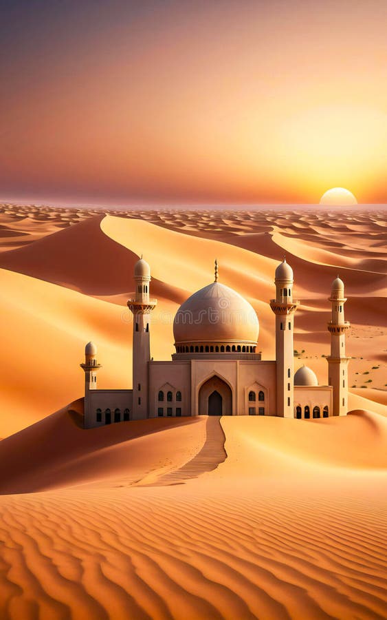 A Desert Mosque with a Large Dome Surrounded by Sand Dunes Stock ...