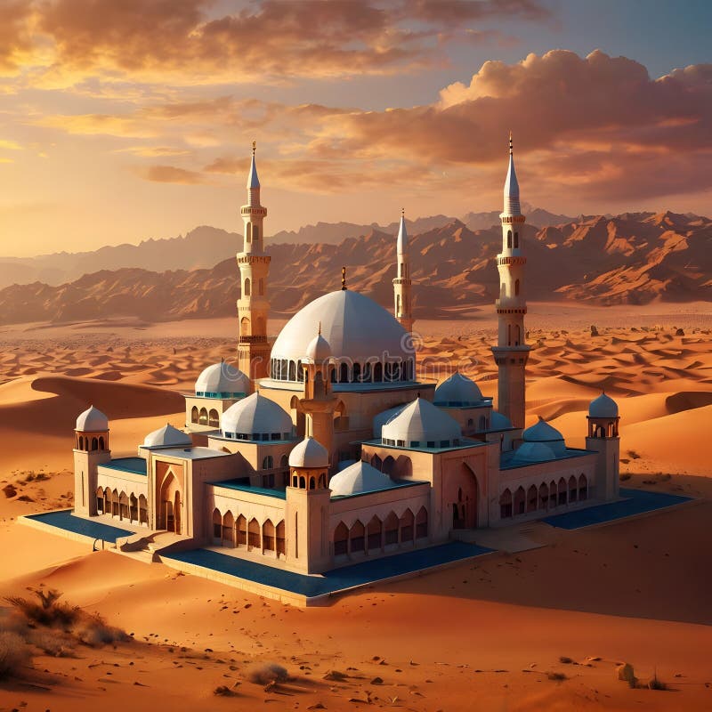 Desert Mosque at Sunset - Vibrant 3D Matte Digital Art Stock ...