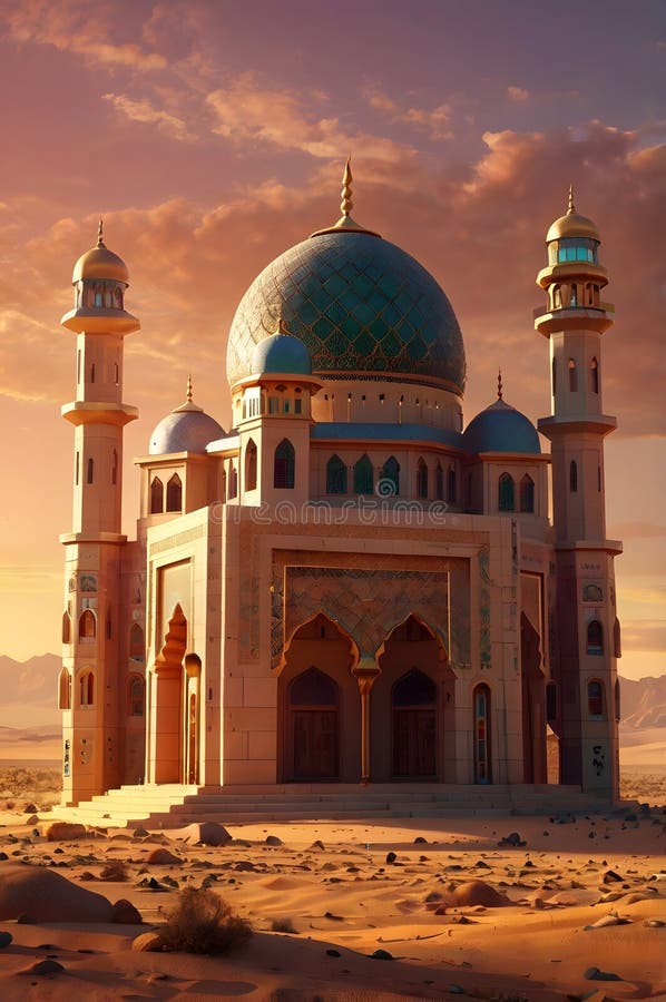Desert Mosque at Sunset - Vibrant 3D Matte Digital Art Stock ...