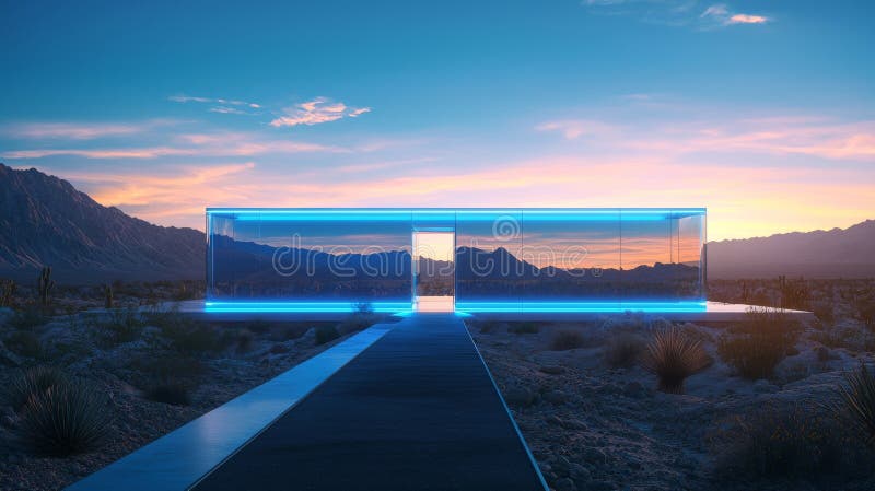 In the Desert, a Neon-lit Futuristic Building Reflects the Setting Sun ...