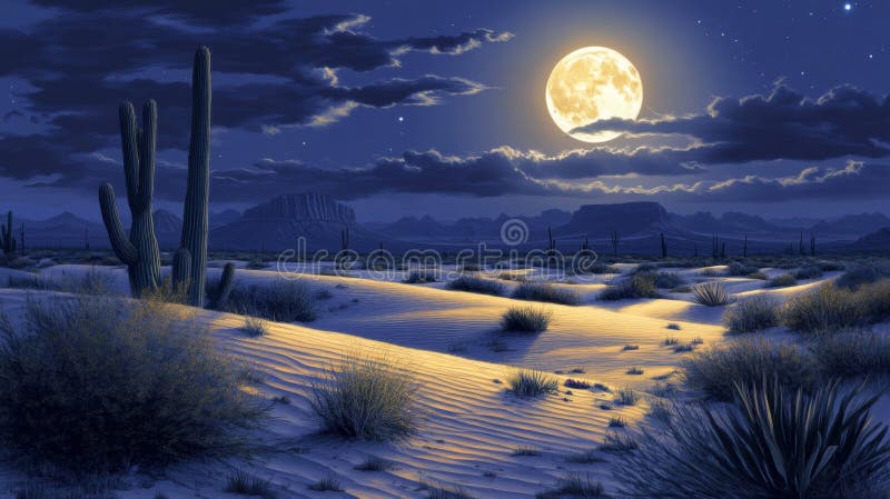 Desert Night Landscape Under Full Moon Stock Illustration ...