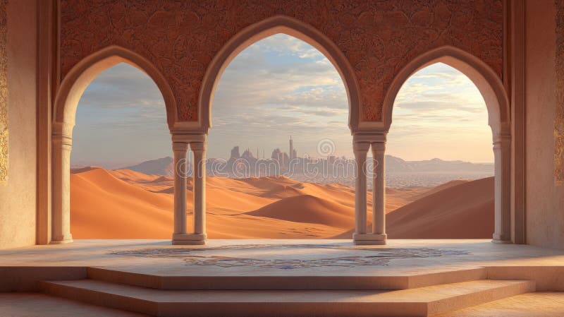 Desert Oasis Archway Cityscape View Stock Illustration - Illustration ...