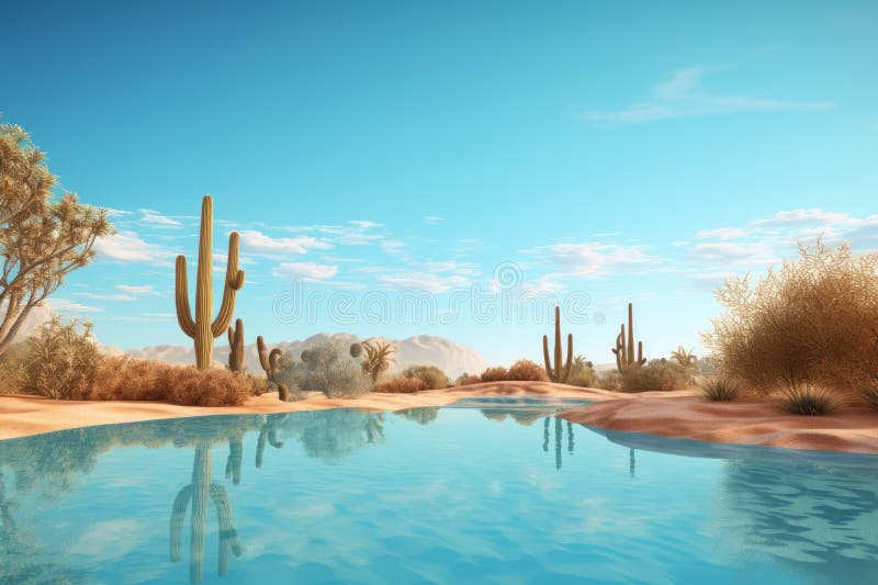 Desert Oasis with Blue Pool Stock Illustration - Illustration of cactus ...
