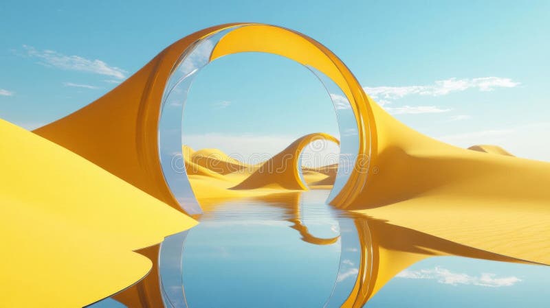 Desert Oasis, Circular Arch Reflects in Still Water Stock Illustration ...