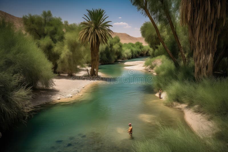 Desert Oasis with Flowing River and Swimmer, Surrounded by Tall Trees ...