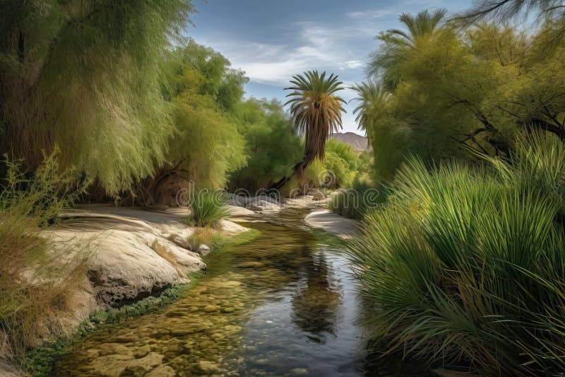 Desert Oasis with Flowing Stream and Lush Foliage Stock Illustration ...