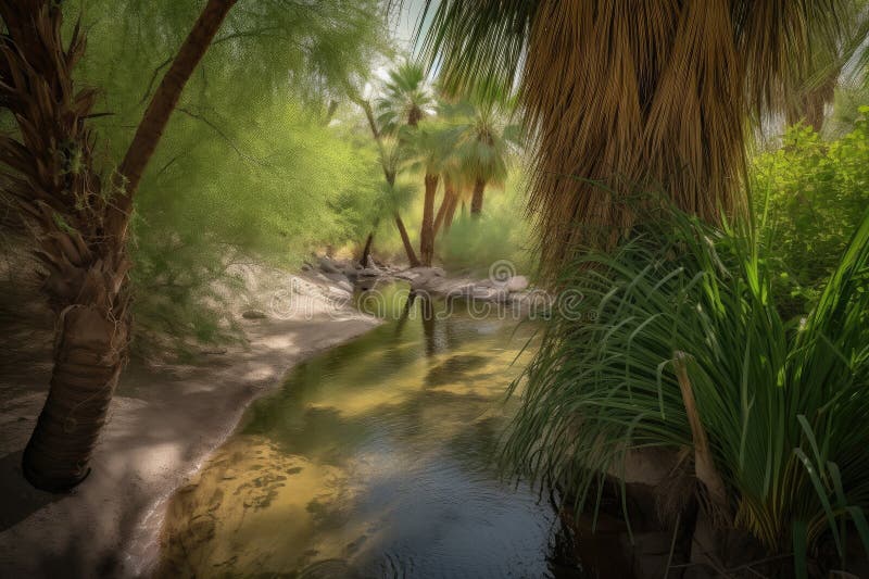 Desert Oasis with Flowing Stream and Lush Foliage Stock Image - Image ...