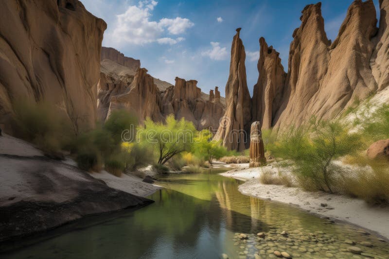 Desert Oasis with Flowing Stream, Surrounded by Towering Rock ...