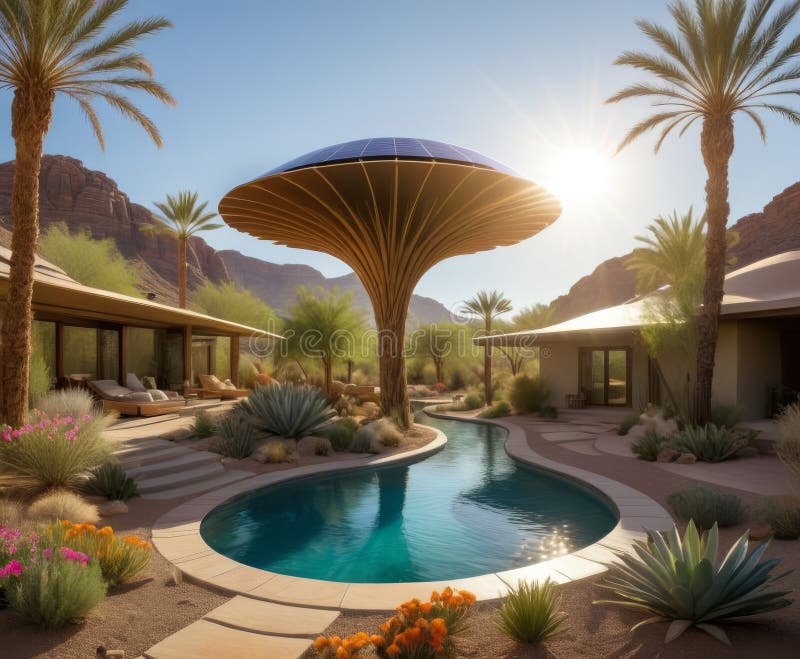 Desert Oasis with Futuristic Solar Tree Structure Stock Image - Image ...