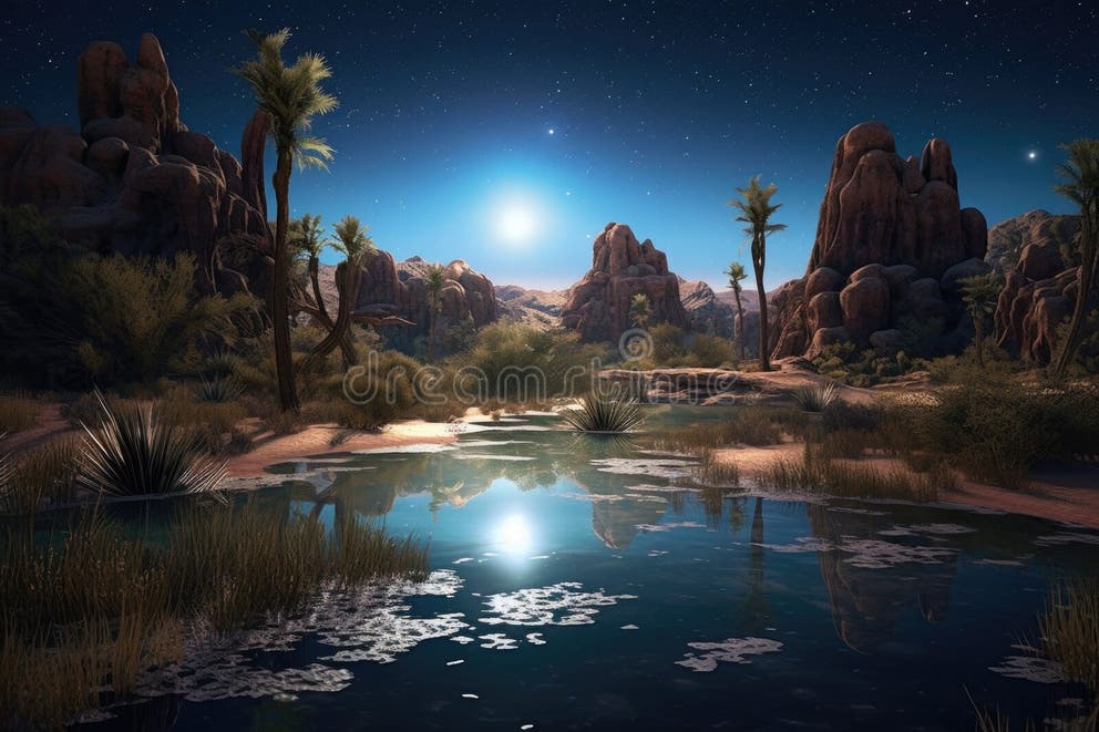 A Desert Oasis Illuminated by Moonlight on a Starry Night Stock ...