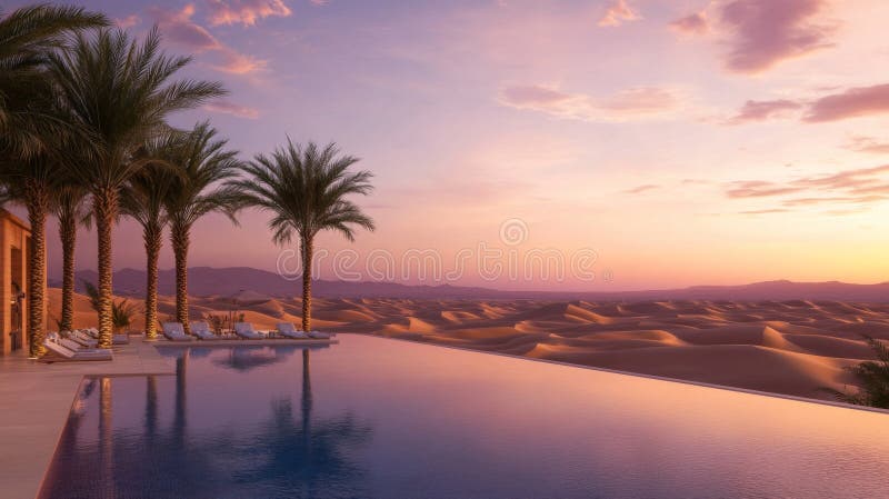 A Desert Oasis with an Infinity Pool and Palm Trees at Sunset Stock ...