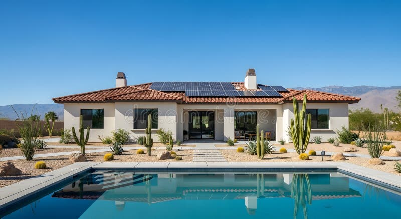 Desert Oasis: Modern Ranch House with Pool and Solar Panels Stock ...