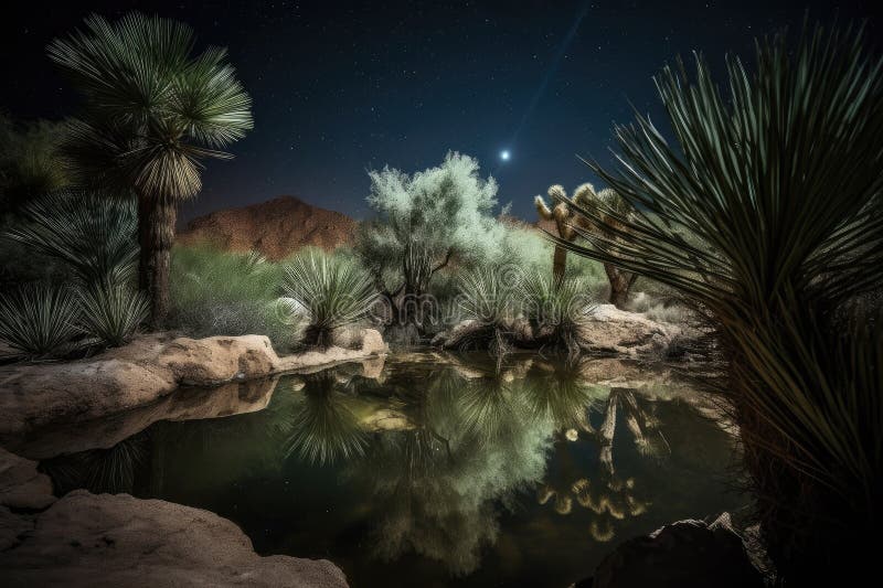 Desert Oasis with Moon and Stars in the Night Sky Stock Illustration ...