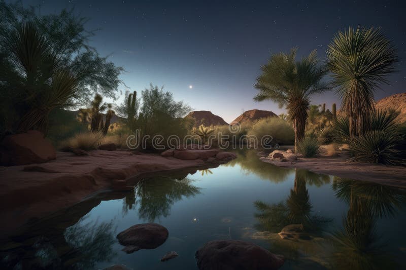 Desert Oasis with Moonrise, Showing the Night Sky Above Stock ...
