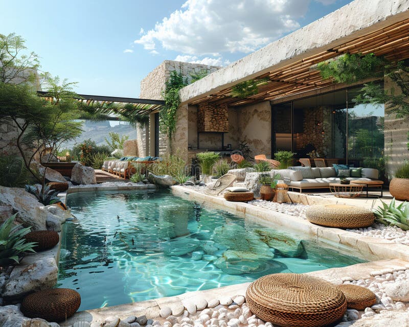 Desert Oasis with a Natural Pool and Shaded Lounging Areas3D Render ...
