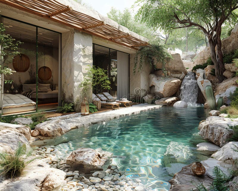 Desert Oasis with a Natural Pool and Shaded Lounging Areas3D Render ...