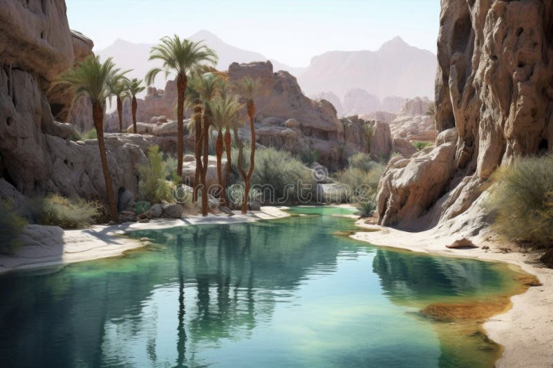 Desert Oasis, with View of Towering Sand Dunes and Rolling Waves Stock ...