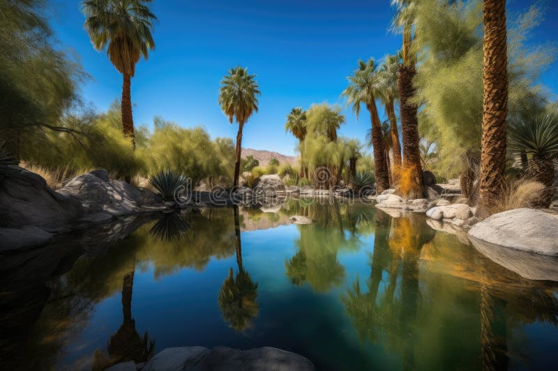 Desert Oasis with Palm Trees and Clear Blue Skies Stock Illustration ...