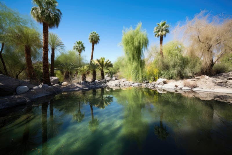 Desert Oasis with Palm Trees and Clear Blue Skies Stock Illustration ...