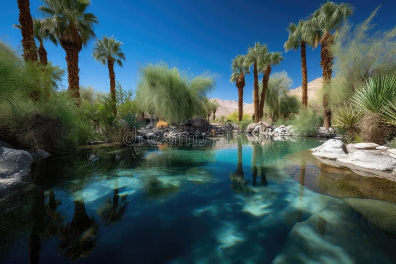 Desert Oasis with Palm Trees and Clear Blue Skies Stock Illustration ...