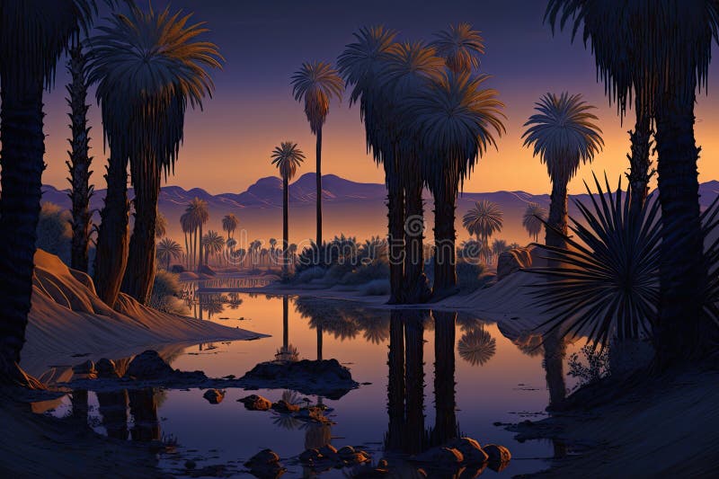 Desert Oasis with Palm Trees at Dusk, Stock Illustration - Illustration ...