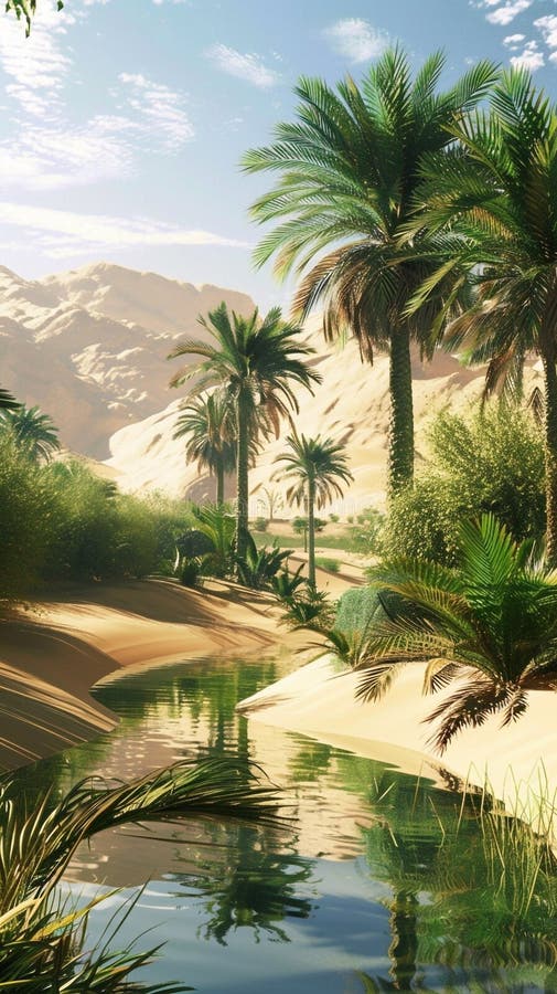Desert Oasis with Palm Trees and Green Vegetation Stock Illustration ...