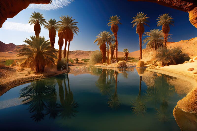 Desert Oasis with Palm Trees and Pool of Clear Water Stock Illustration ... Desert Oasis with Palm Trees and Pool of Clear Water Stock Illustration ...