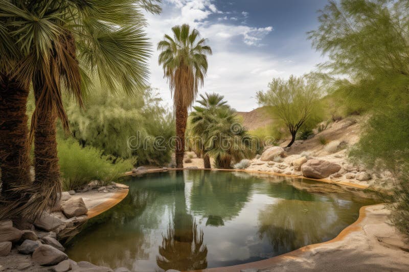 Desert Oasis with Palm Trees and Pool, Surrounded by Natural Beauty ...