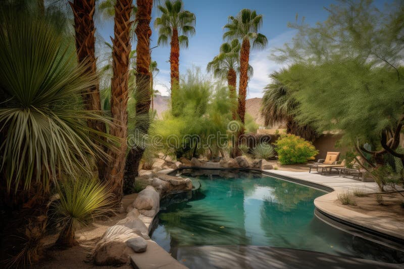 Desert Oasis with Palm Trees and Pool, Surrounded by Natural Beauty ...