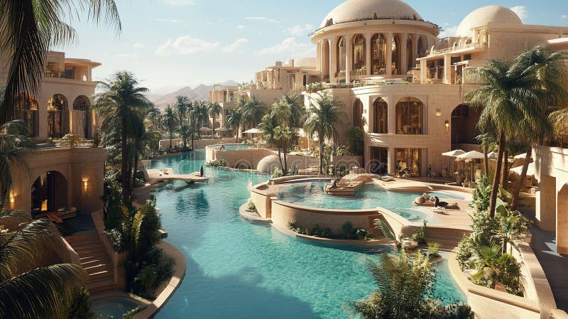 Desert Oasis Resort with Pools, Palm Trees, Exotic Architecture.. Stock ...