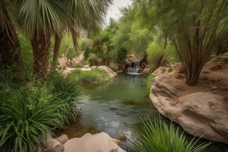 Desert Oasis with Rushing Stream and Waterfall, Surrounded by Lush ...