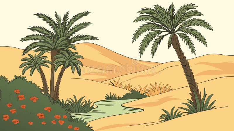 Desert Oasis Scene with Palm Trees and Building, Vector Design ...