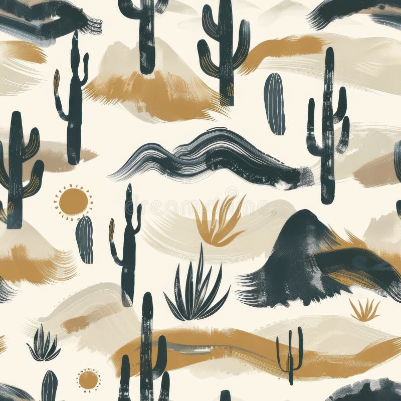 Desert Oasis Seamless Pattern with Cacti and Sun Illustration Stock ...